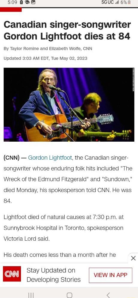 509 SGUC uill 6% Canadian singer-songwriter Gordon Lightfoot dies at 84 ...