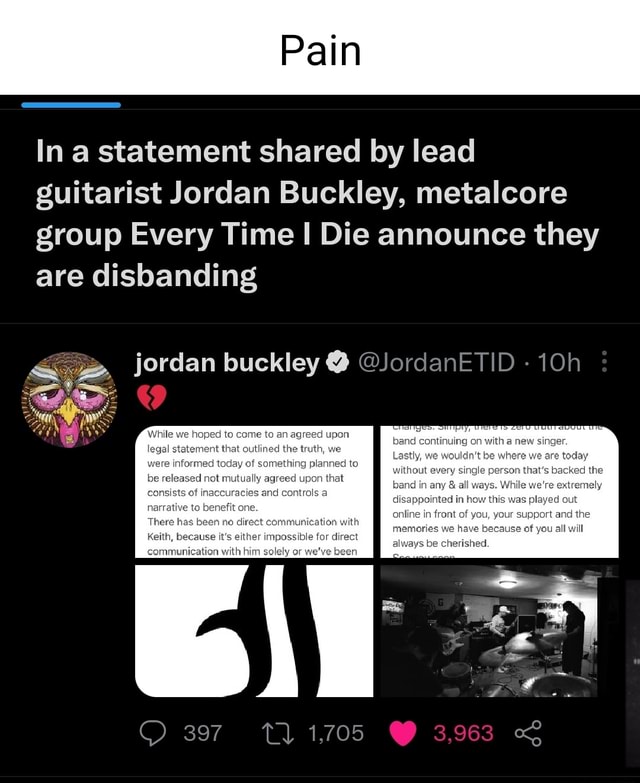 Pain In statement shared by lead are disbanding guitarist Jordan ...