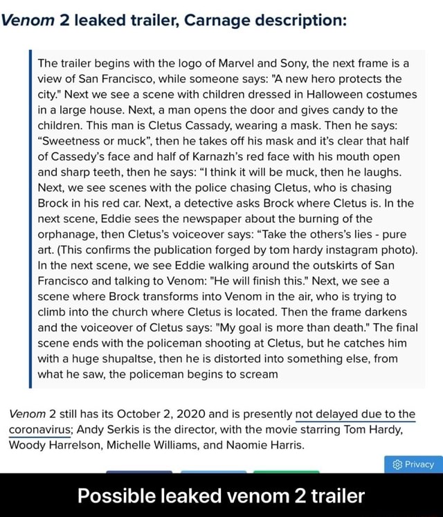 Venom 2 leaked trailer, Carnage description: The trailer begins with ...