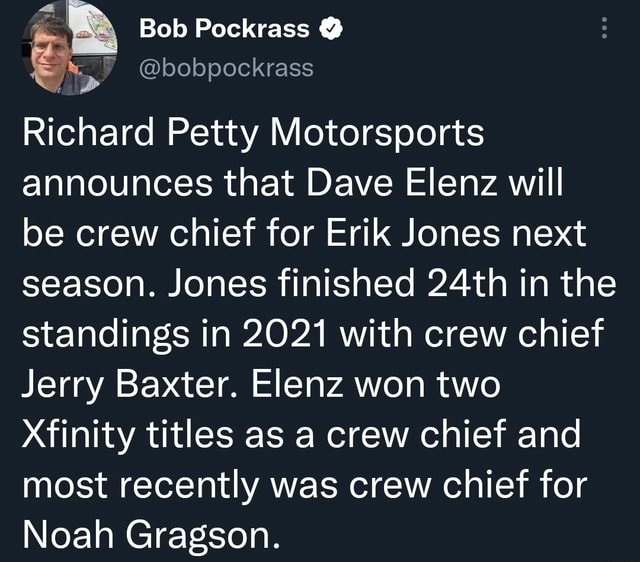 Bob Pockrass @ @bobpockrass Richard Petty Motorsports announces that ...