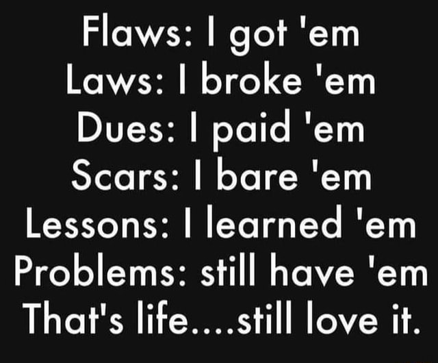 Flaws: I got 'em Laws: I broke 'em Dues: I paid 'em Scars: I bare 'em ...