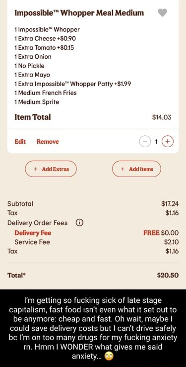 Impossible Whopper Meal Medium Whopper Extra Cheese +$0.90 Extra Tomato ...