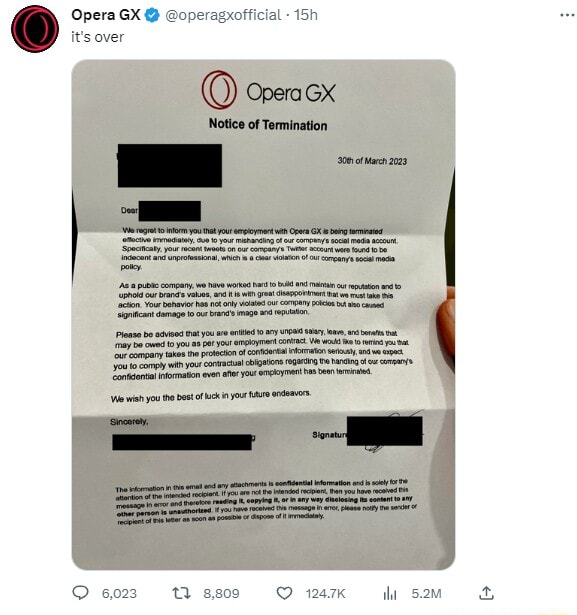 Operagxofficial Opera GX @ it's over Opera GX Notice of Termination incnt ad seeruton emt aman ...
