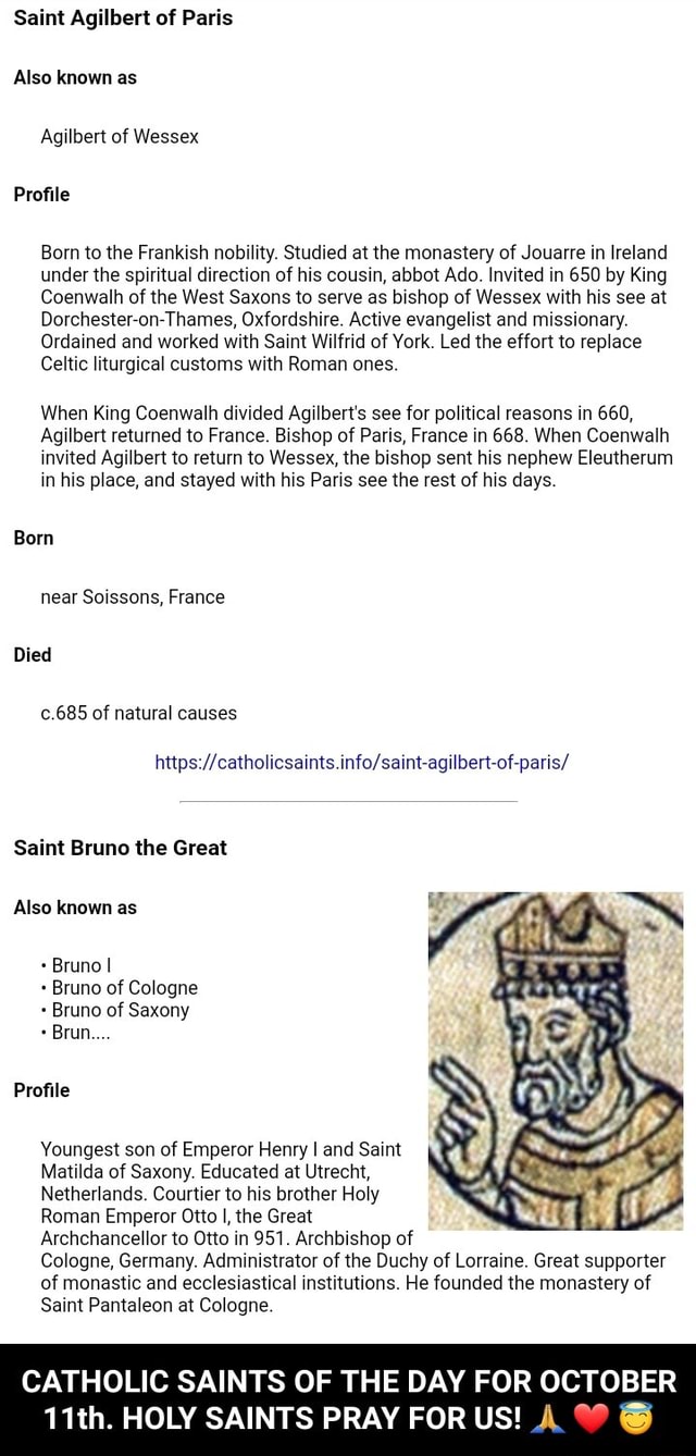 Saint Agilbert of Paris Also known as Agilbert of Wessex Profile Born ...