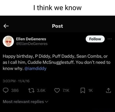 I think we know Post Ellen DeGeneres Happy birthday, P Diddy, Puff ...