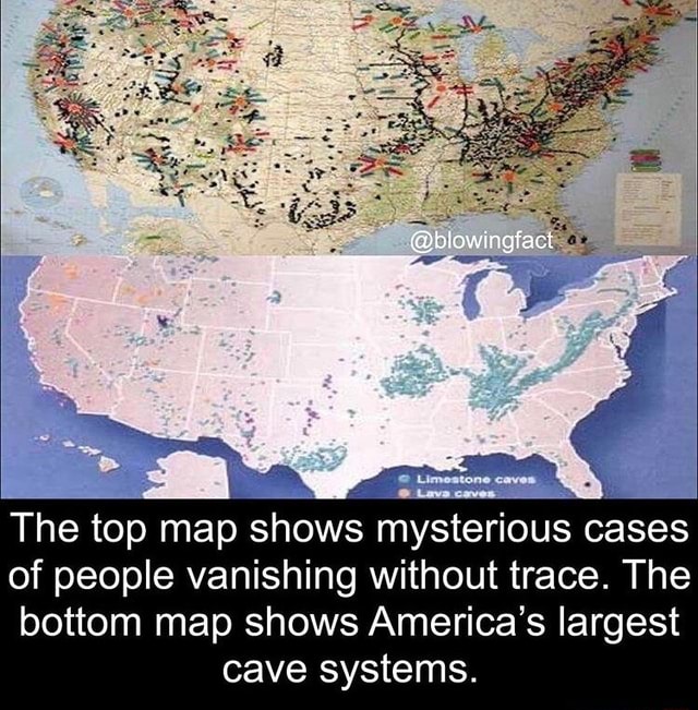 The top map shows mysterious cases of people vanishing without trace. The bottom map shows ...
