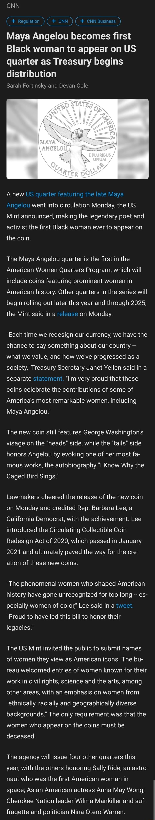 CNN Regulation ) CNN ) CNN Business ) Maya Angelou becomes first Black ...