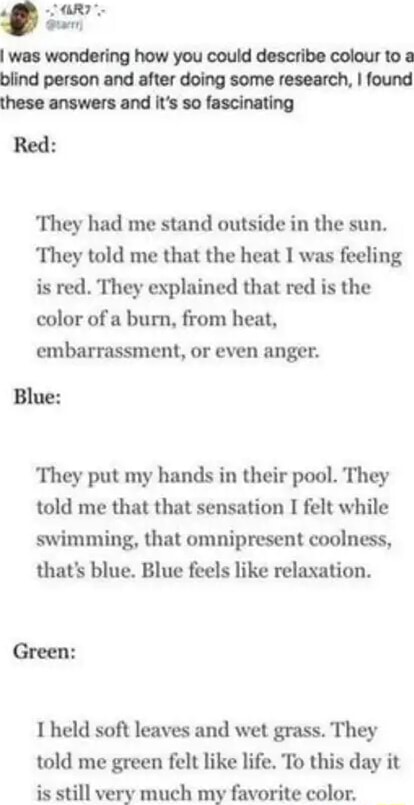 RI I was wondering how you could describe colour to a blind person and ...