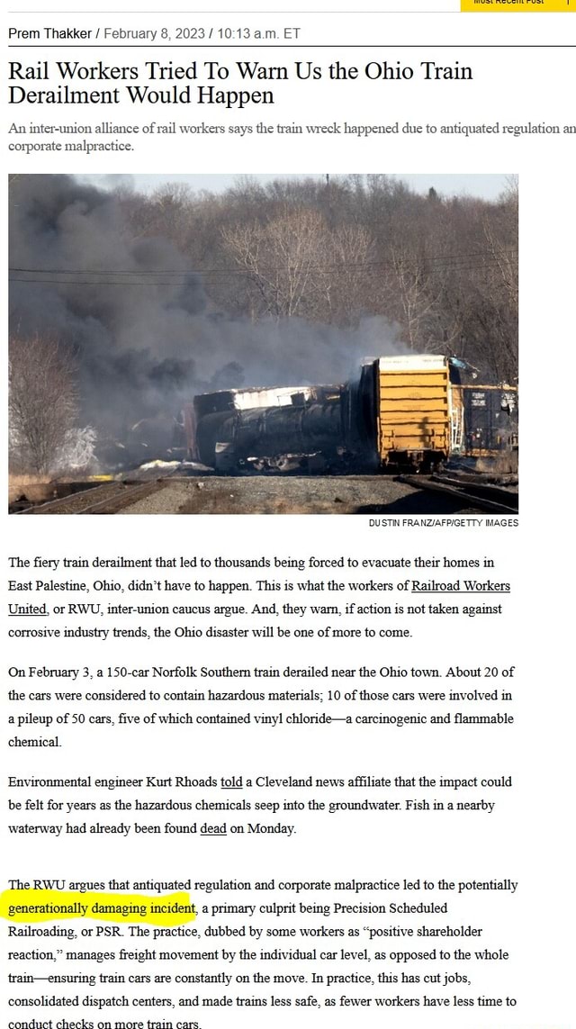 Prem Thakker / February 8, 2023 / a.m. ET Rail Workers Tried To Warn Us ...