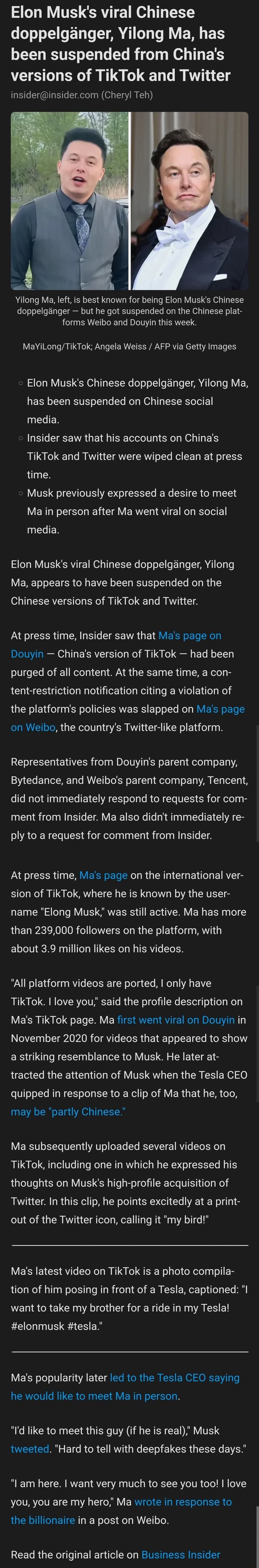 Elon Musk's viral Chinese doppelganger, Yilong Ma, has been suspended ...
