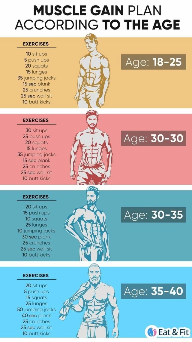 MUSCLE GAIN PLAN ACCORDING TO THE AGE Age: 18-25 EXERCISES 10 sit ups 5 ...