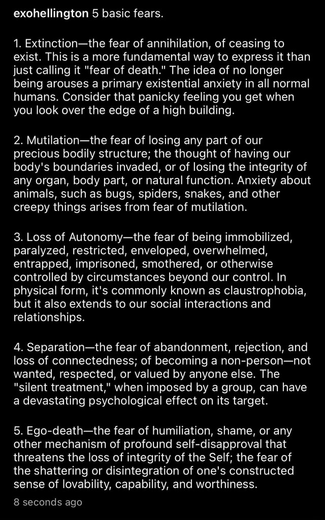 Exohellington 5 basic fears. 1. Extinction-the fear of annihilation, of ...