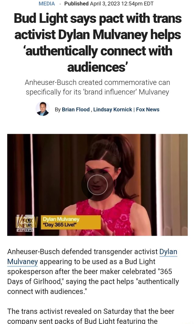 (MEDIA Publishecl April 2023 EDT Bud Light says pact with trans ...