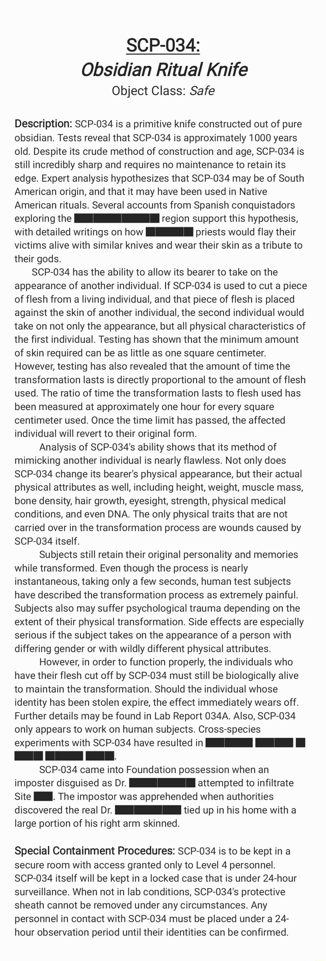 SCP-034: Obsidian Ritual Knife Object Class: Safe Description: SCP-034 ...