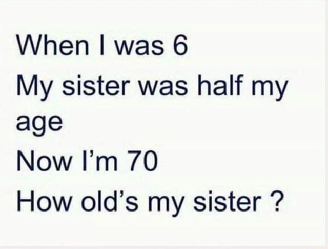 When I was 6 My sister was half my age Now I’m 70 How old’s mv sister ...