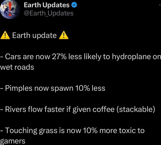 Earth Updates @Earth Updates Earth update - Cars are now 27% less ...