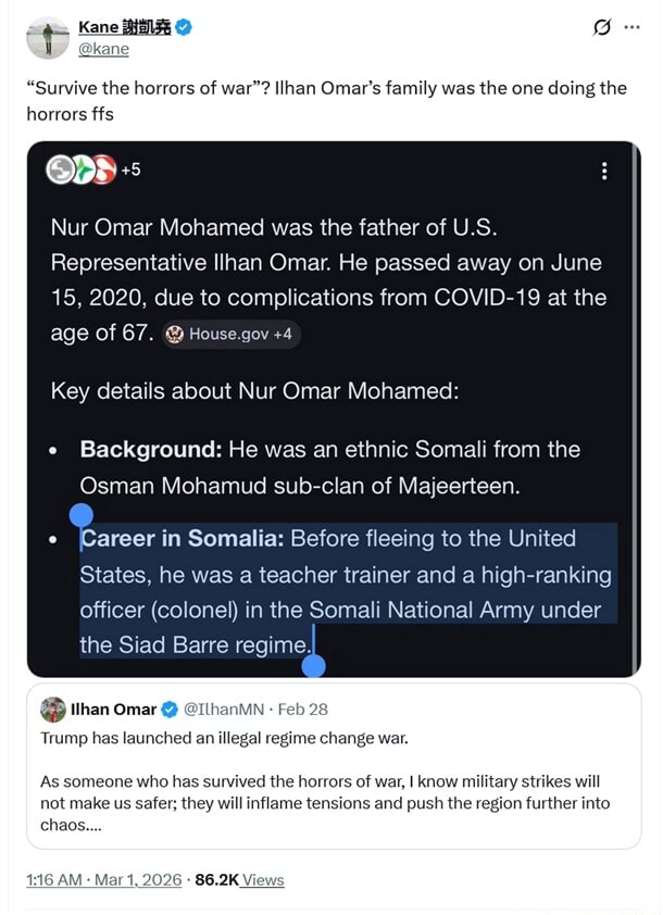 Kane "Survive the horrors of war"? Ilhan Omar's family was the one ...