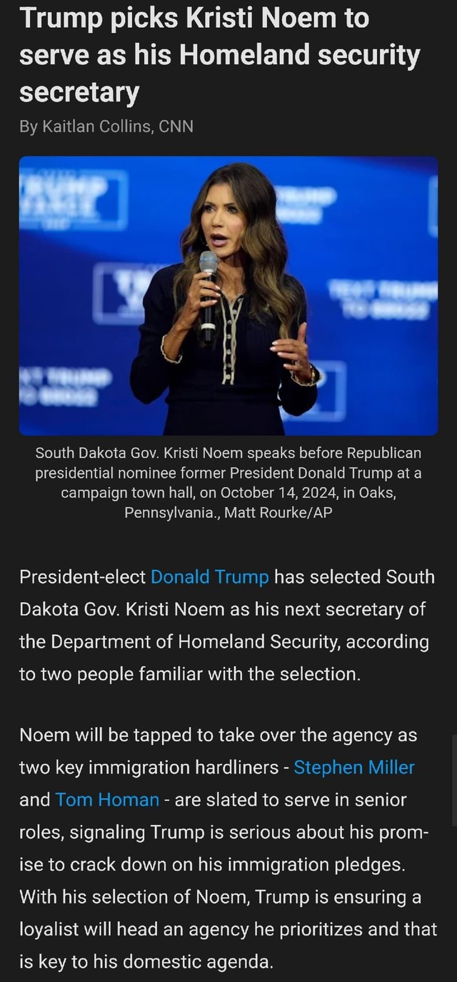 Trump picks Kristi Noem to serve as his Homeland security secretary By ...