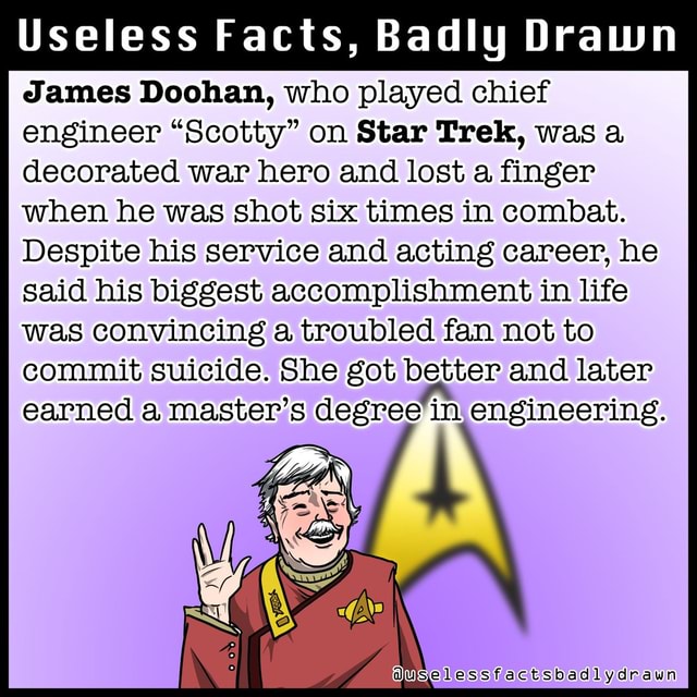 Useless Facts, Badly Drawn James Doohan, who played chief engineer ...