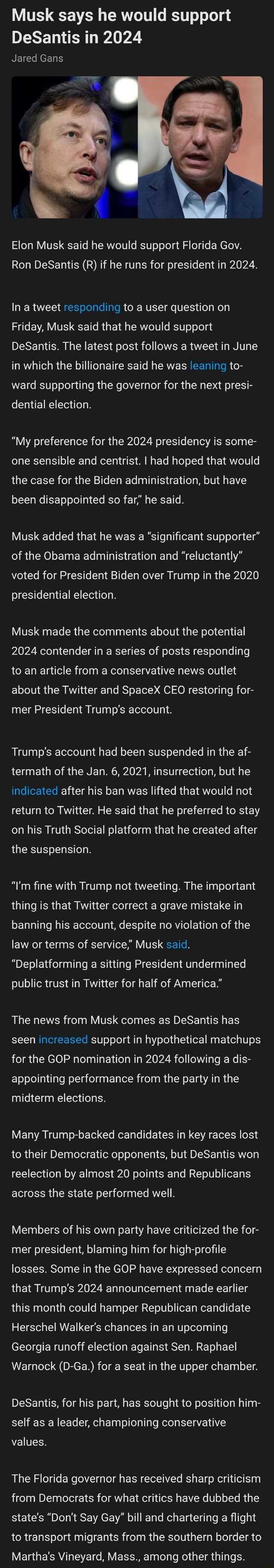 Musk says he would support DeSantis in 2024 Jared Gans Elon Musk said ...
