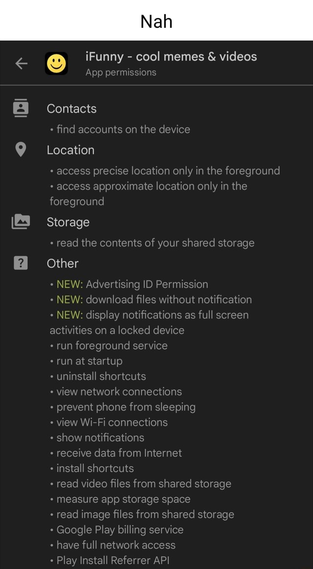 Nah iFunny - cool memes & videos App permissions Contacts find accounts ...