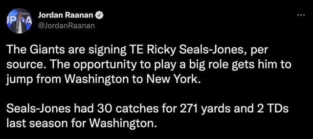 Jordan R @JordanRaanan The Giants are signing TE Ricky Seals-Jones, per ...