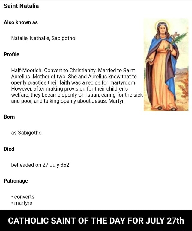 Saint Natalia Also known as Natalie, Nathalie, Sabigotho Profile Half ...