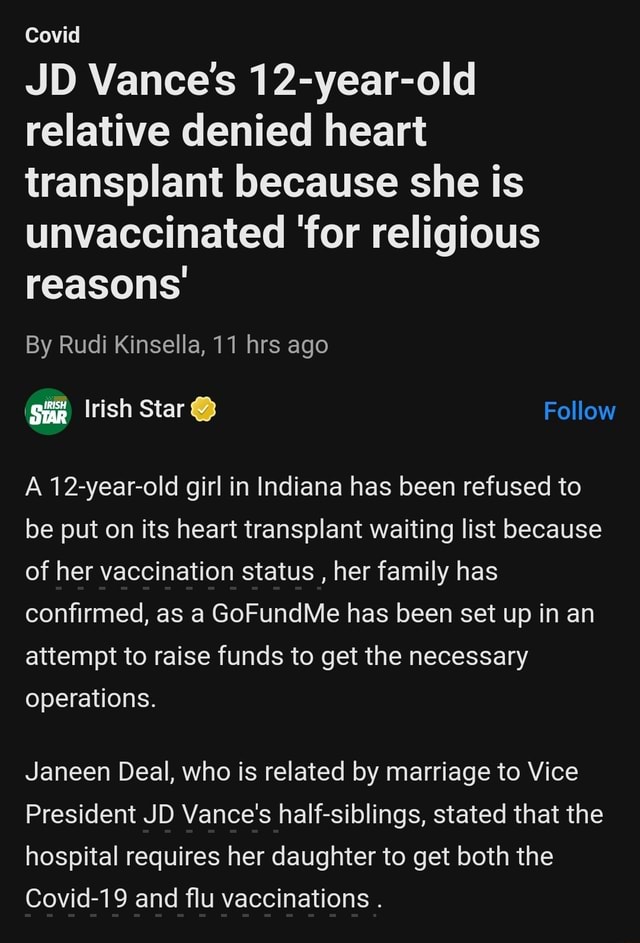 Covid JD Vance's 12-year-old relative denied heart transplant because ...