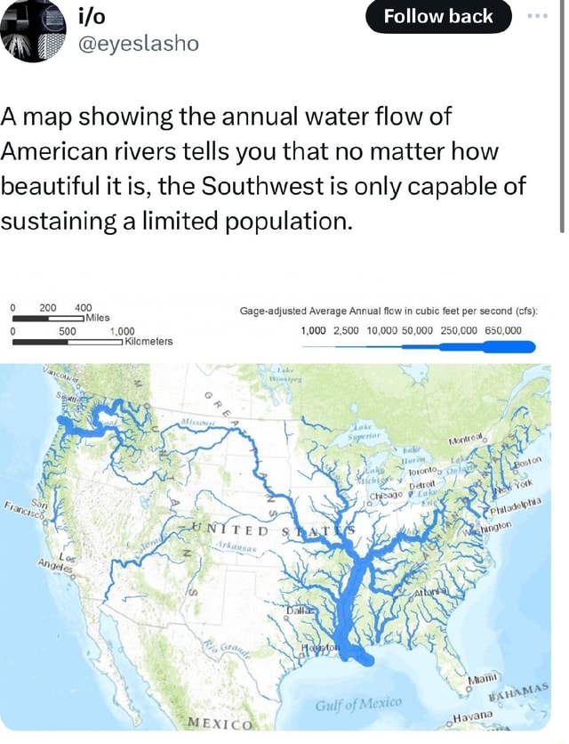 Follow back A map showing the annual water flow of American rivers ...