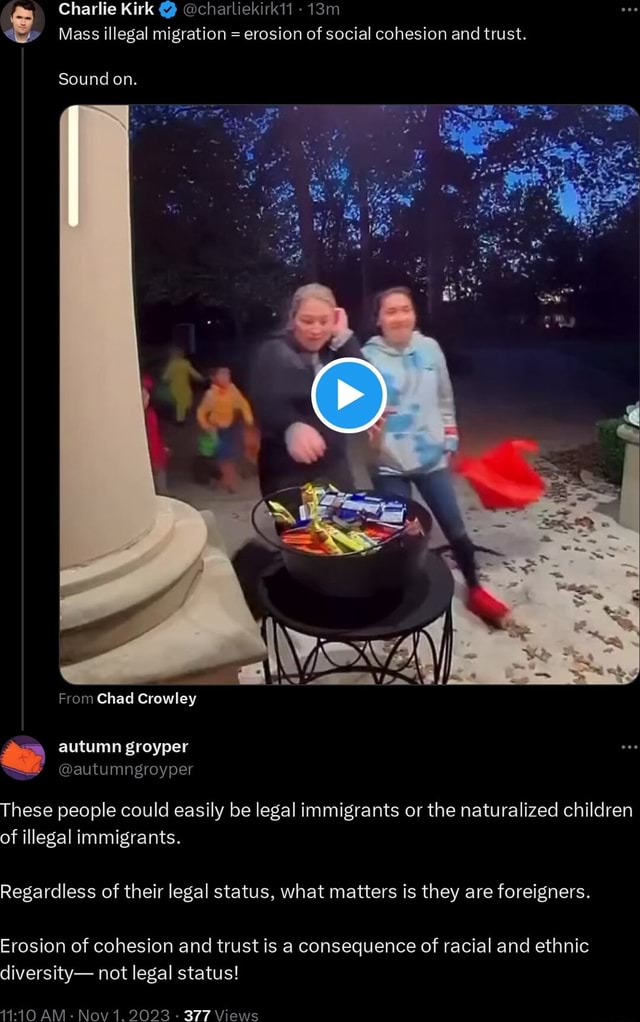 Charlie Kirk @ @charliekirk11 - Mass illegal migration = erosion of social cohesion and trust ...