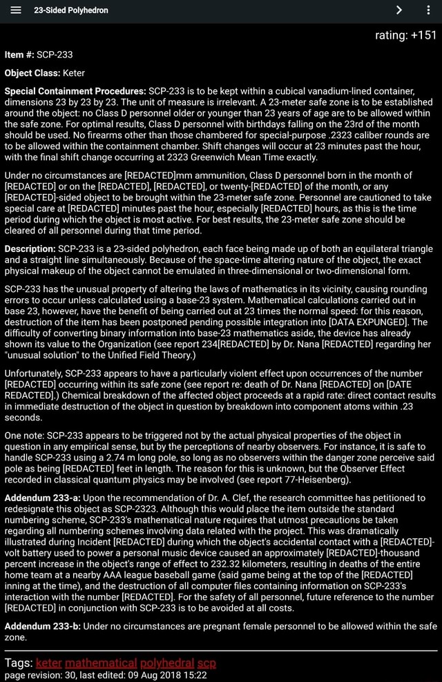 Object Special Containment Procedures: SCP-233 is to be kept within a ...