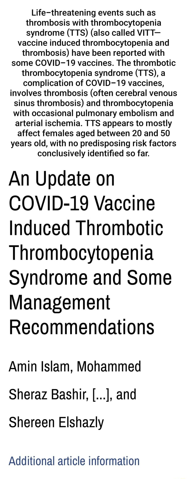 Life--threatening events such as thrombosis with thrombocytopenia ...