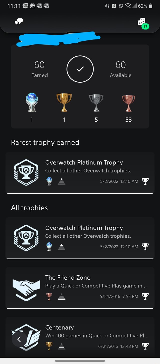 1111 62% 60 60 Earned Available 53 Rarest trophy earned Overwatch ...