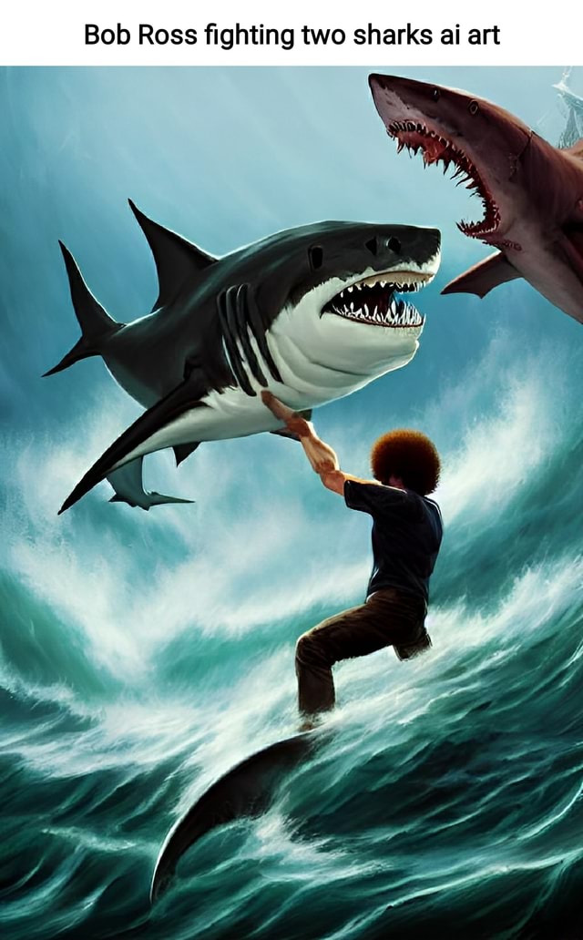 Bob Ross fighting two sharks ai art toe tu, - iFunny