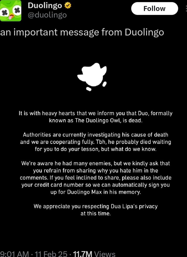 Duolingo @duolingo Follow an important message from Duolingo It is with ...
