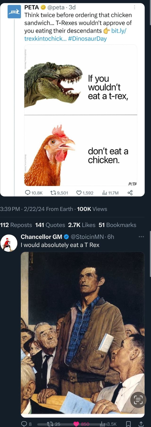 PETA @peta Think twice before ordering that chicken sandwich... T-Rexes ...