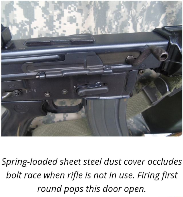 Spring-loaded sheet steel dust cover occludes bolt race when rifle is ...