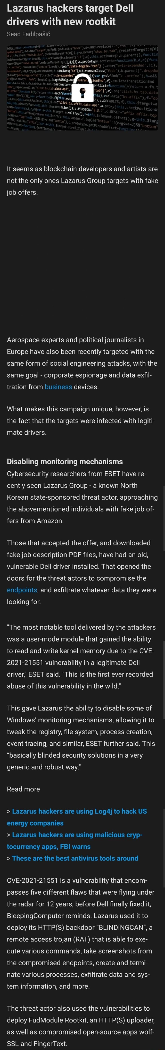 Lazarus hackers target Dell drivers with new rootkit Sead PH}. lace re ate h,h te ta 14 da ...