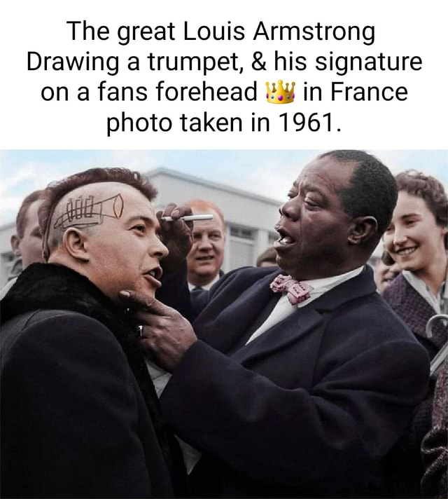 The great Louis Armstrong Drawing a trumpet, & his signature on a fans ...