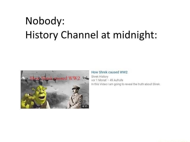 Nobody: History Channel at midnight: How Shrek caused ww2 - iFunny