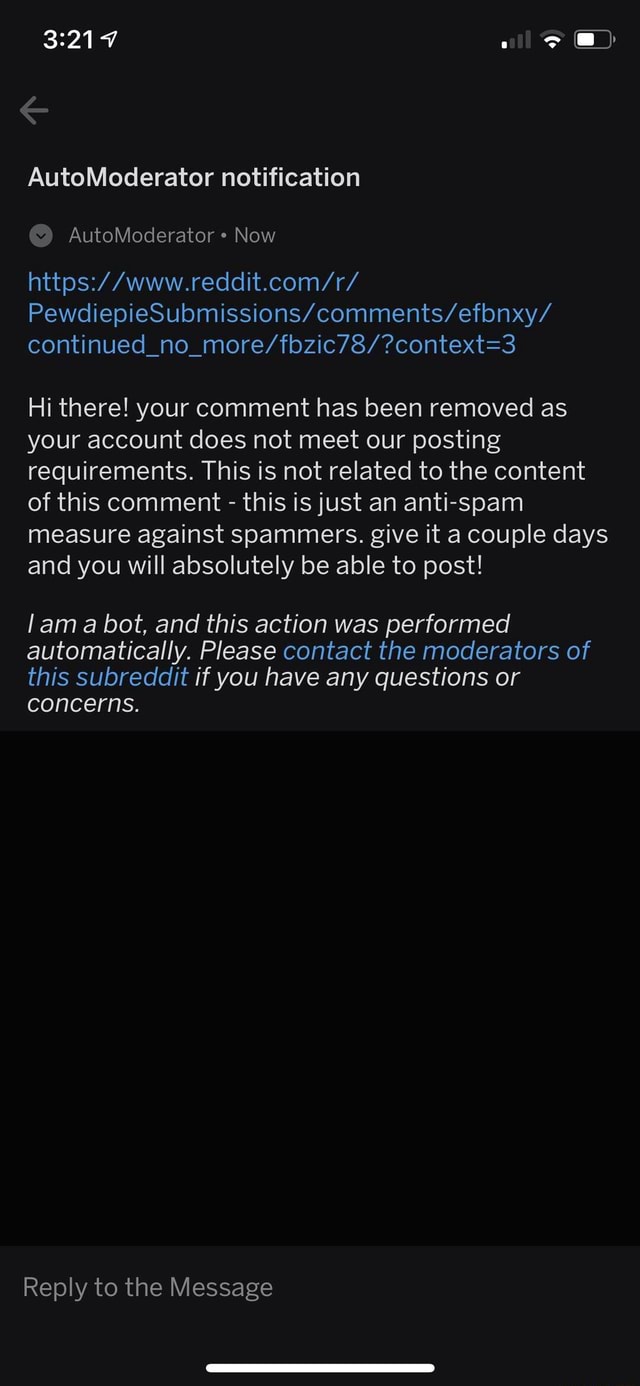 AutoModerator notification PewdiepieSubmissions/comments/efbnxy/ continued_no_more/fbzic78 ...