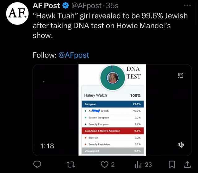 AF Post @ @AFpost- "Hawk Tuah" girl revealed to be 99.6% Jewish after ...