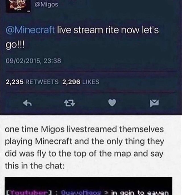 OM ife fess @Minecraft live stream rite now let's go!!! 2,235 RETWEETS ...