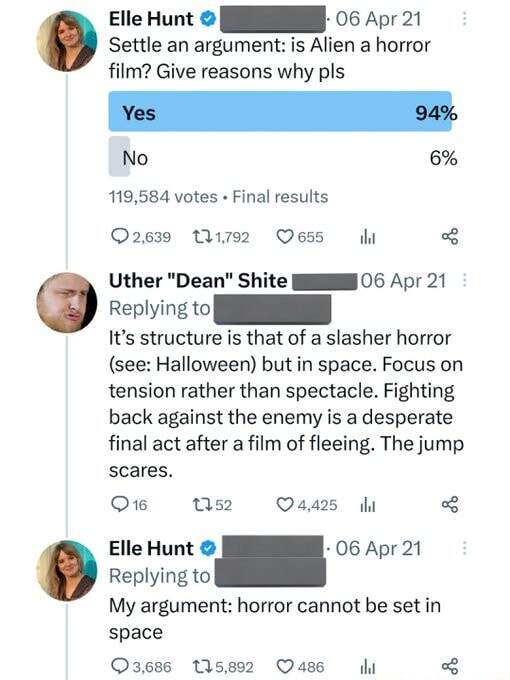 Elle Hunt 06 Apr 21 Settle an argument: is Alien a horror film? Give reasons why pis No 6% ...