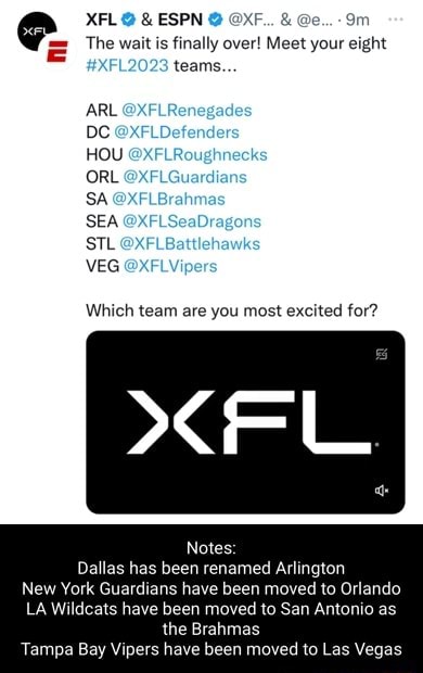 XFL ESPN @XF... The wait is finally over! Meet your eight 23 teams. ARL pc HOU ORL SA SEA STL ...