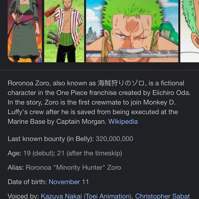 Roronoa Zoro, also known as OY TO, is a fictional character in the One ...