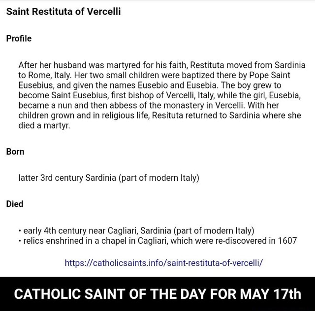 Saint Restituta of Vercelli Profile After her husband was martyred for ...