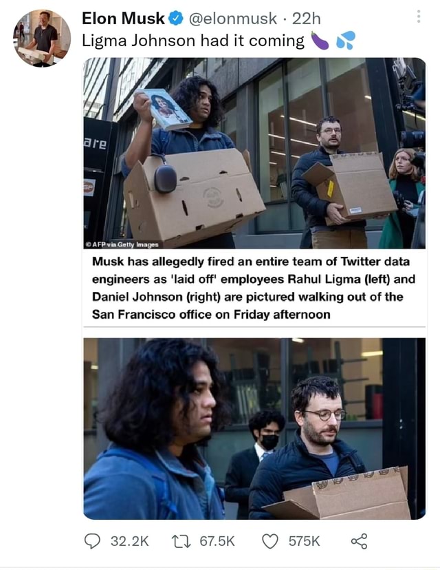 Elon Musk @ @elonmusk Ligma Johnson had it coming & AFP via Getty Images Musk has allegedly ...