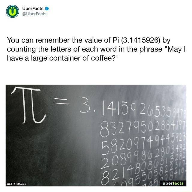 UberFacts @UberFacts You can remember the value of Pi (3.1415926) by counting the letters of ...