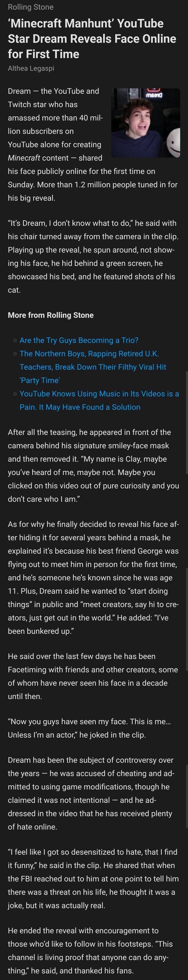 Rolling Stone 'Minecraft Manhunt' YouTube Star Dream Reveals Face ...